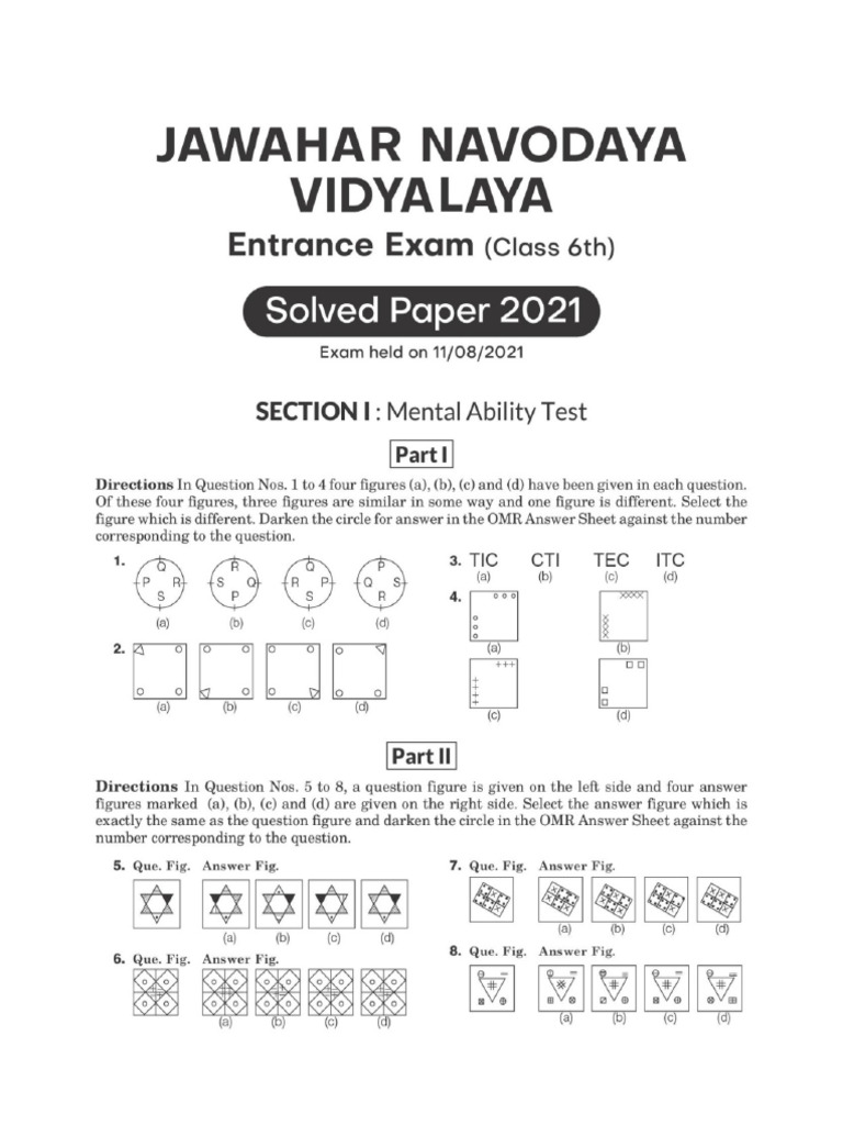 Navodaya Vidyalaya Class 6 Question Paper 2021 | PDF