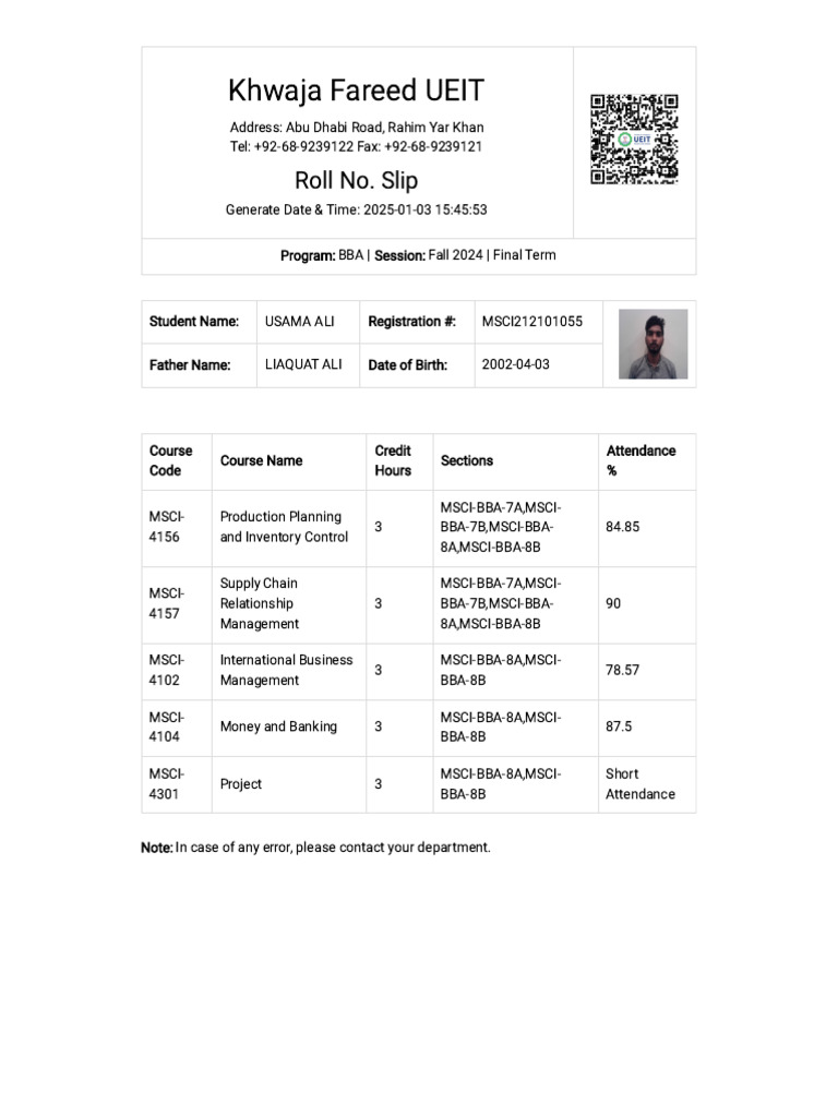 KFUEIT - RollNo - Slip | PDF