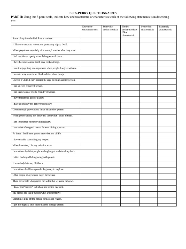 Buss-Perry Aggression Questionnaire | PDF