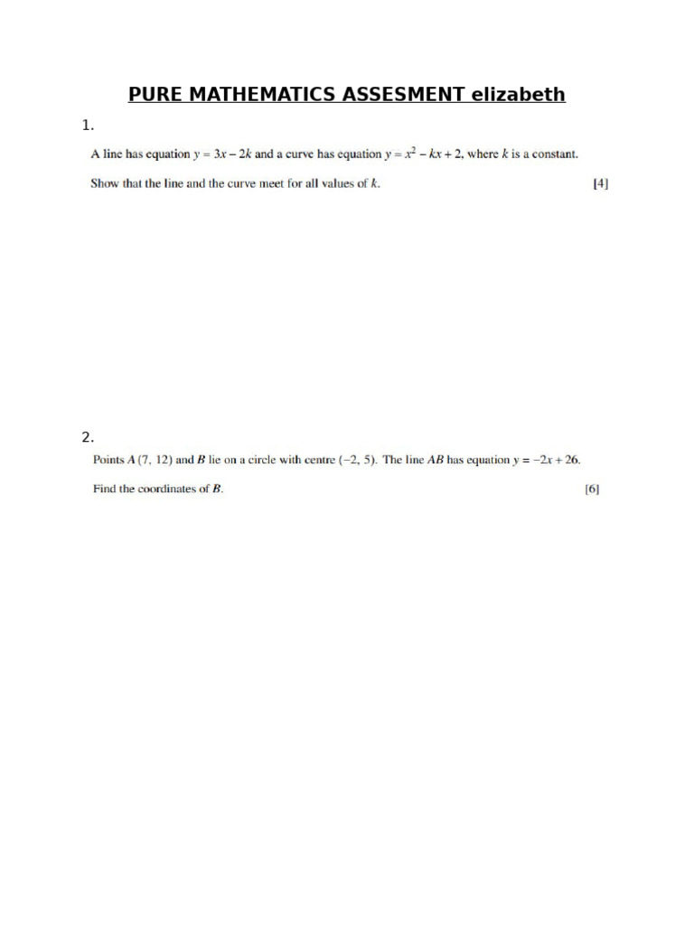 PURE MATHEMATICS ASSESMENT Elizabeth | PDF