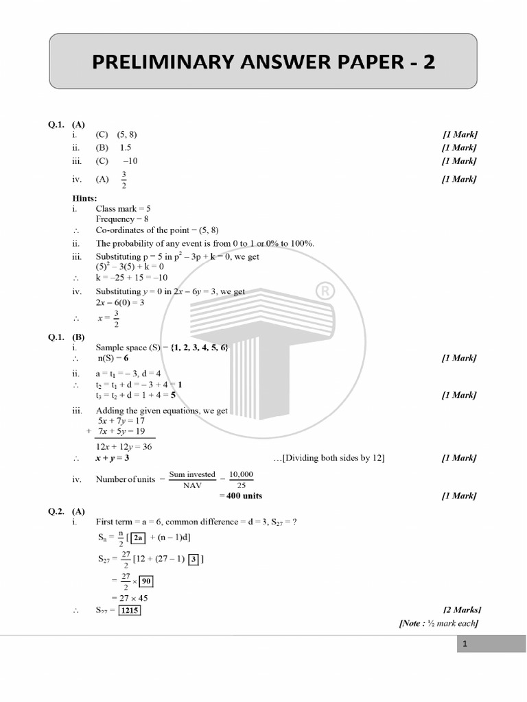 Std. 10th (EM) Preliminary Test Answers-3 | PDF
