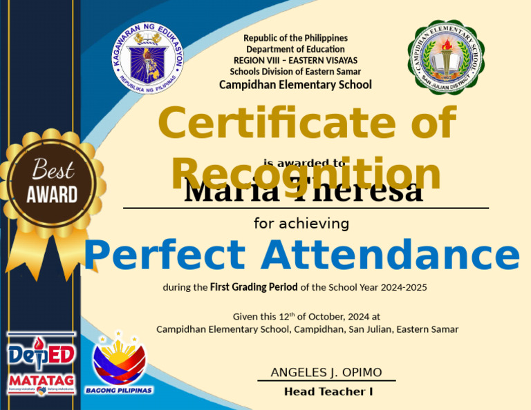 IST QUARTER Certificate For Perfect Attendance (Teacher) | PDF