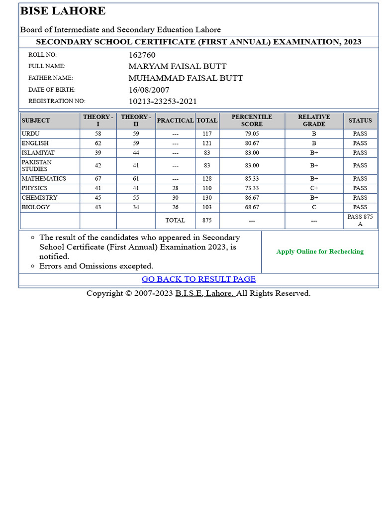 Bise Lahore Examination Result Status Sheet | PDF