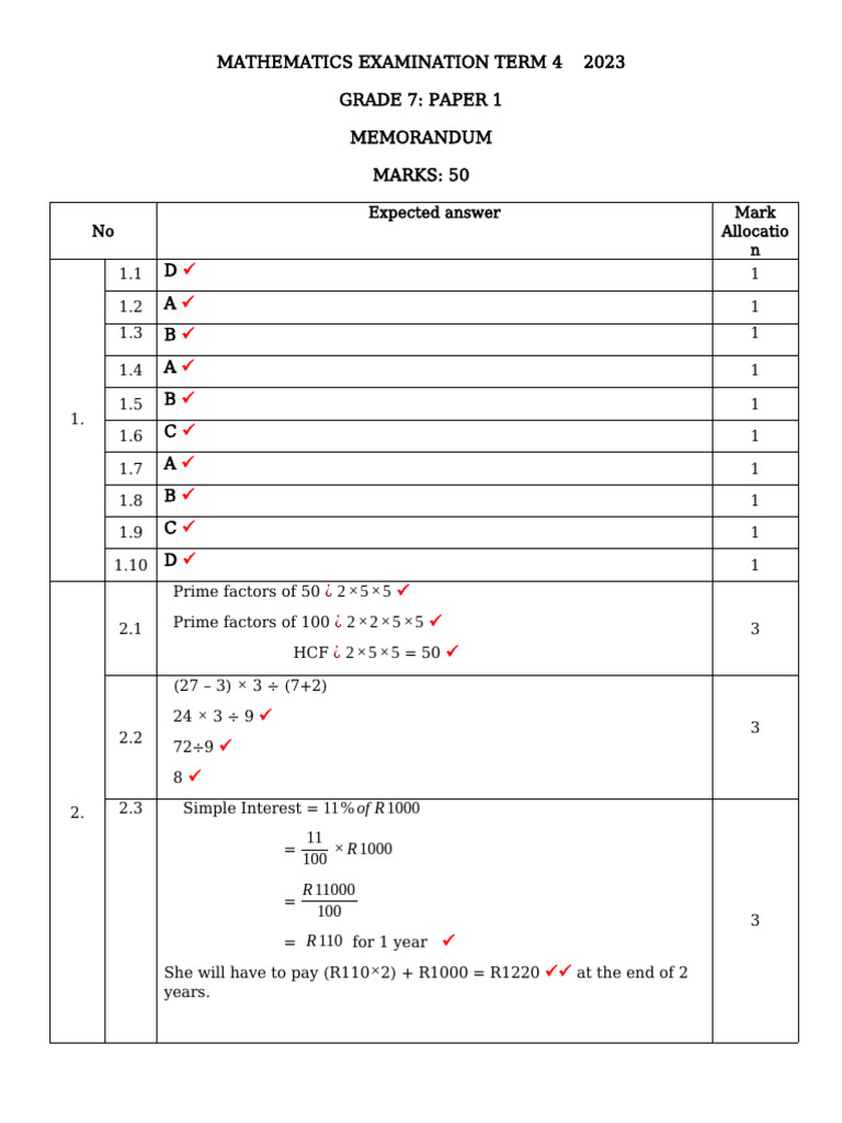 Memo Grade 7 Paper 1 Mathematics Final Exam 2023-Final | PDF ...