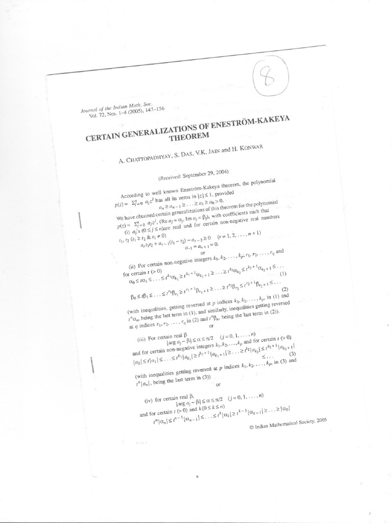 2004,Enestrom-Kakeya theorem,Journal of indian mathematical soc.72 ...