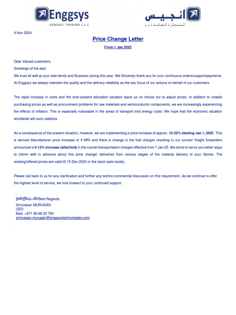 Price Change Letter From 1 Jan 2025 | PDF | Inflation | Infrastructure