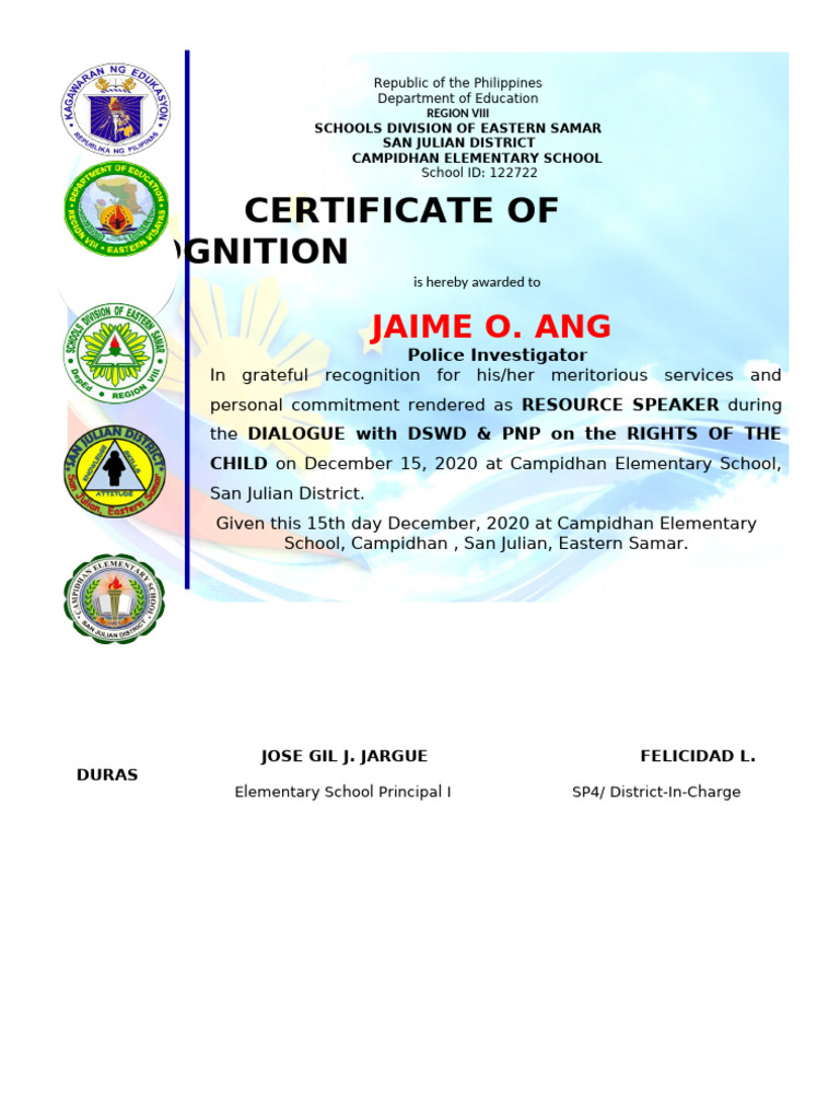 Certificate of Recognition for Jaime O. Ang | PDF