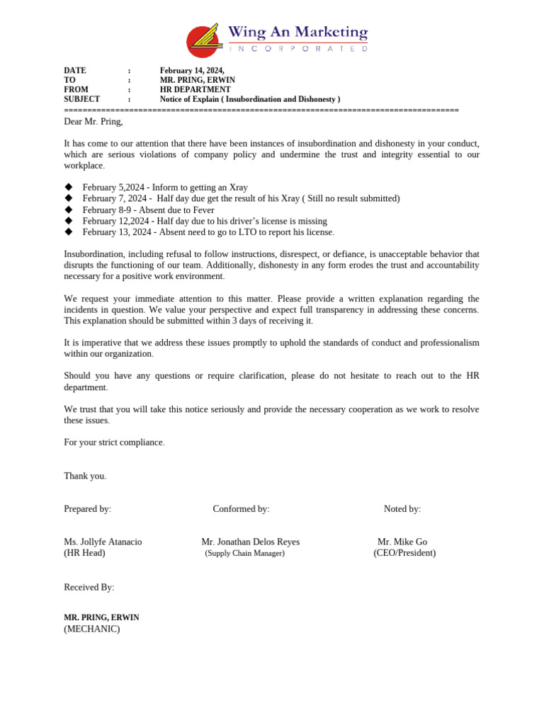 Notice of Explain (Insubordination and Dishonesty) | PDF