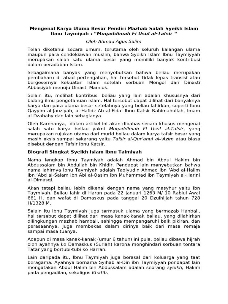 Mengenal Karya Ulama Besar Pendiri Mazhab Salafi Syeikh Islam Ibnu ...