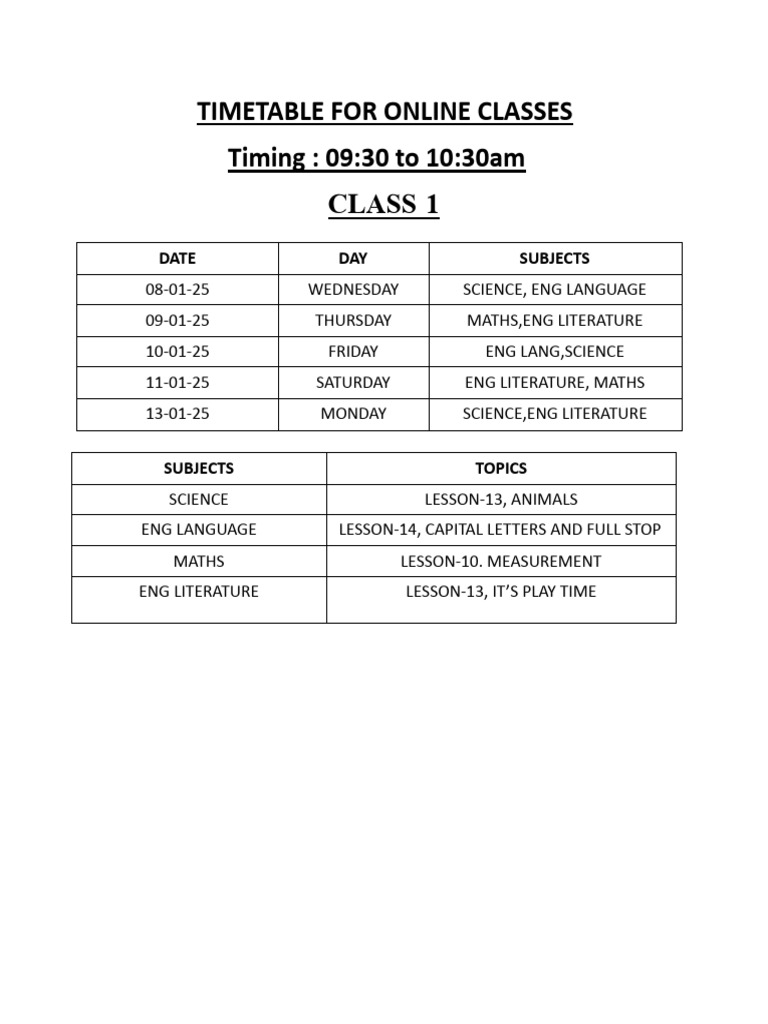 Online Class Timetable January 2025 | PDF