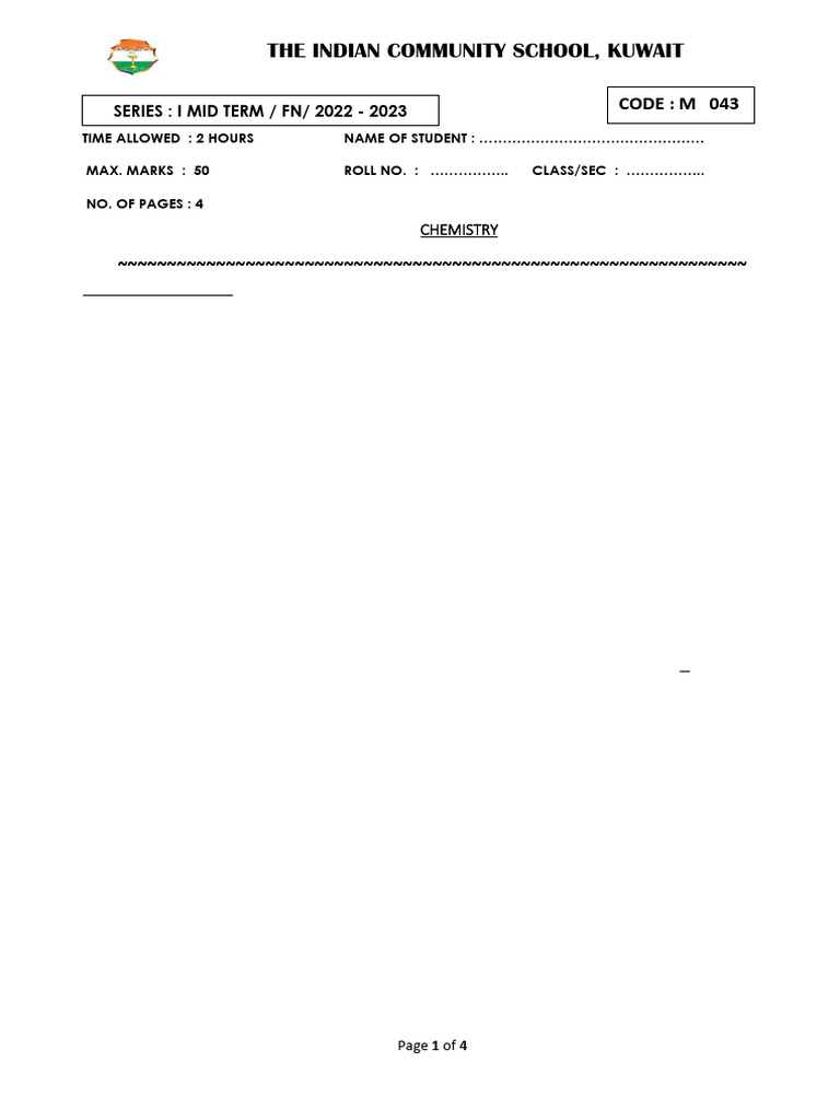 The Indian Community School, Kuwait: Code: M 043 | PDF | Atomic Orbital ...