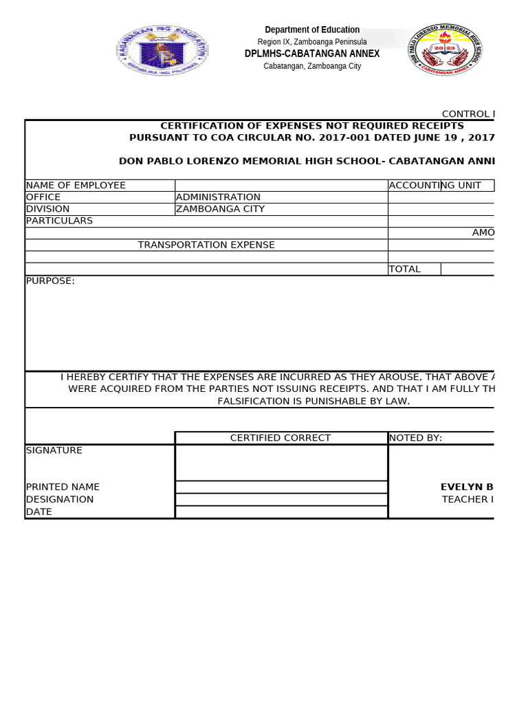 Certification of Expenses Not Required Receipts | PDF