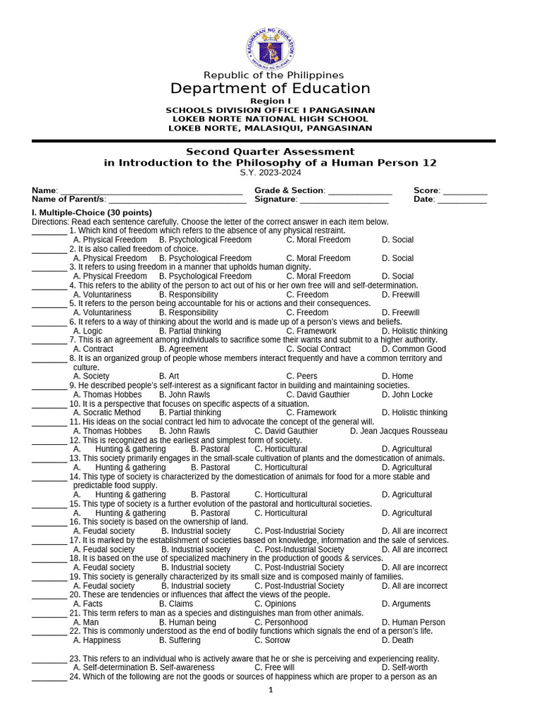 Second Quarter Assessment: Philosophy 12 | PDF | Society | Self Awareness