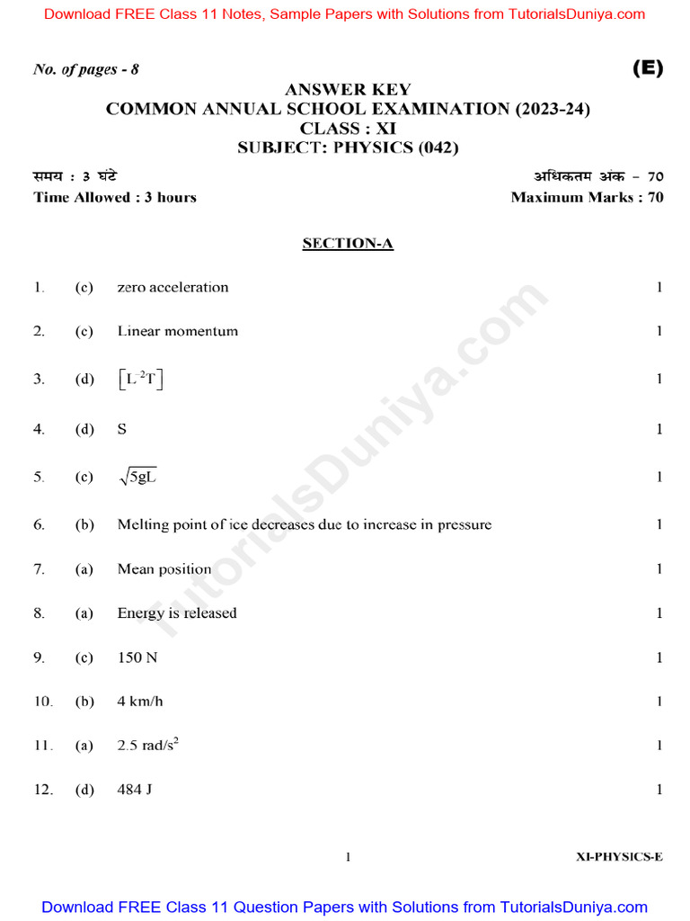 Solutions of Class 11 Physics Question Paper 2024 | PDF