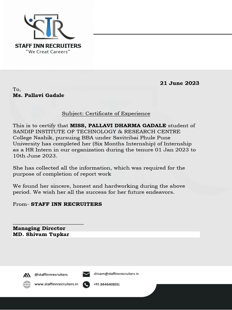 Pallavi Gadale Internship Certificate | PDF
