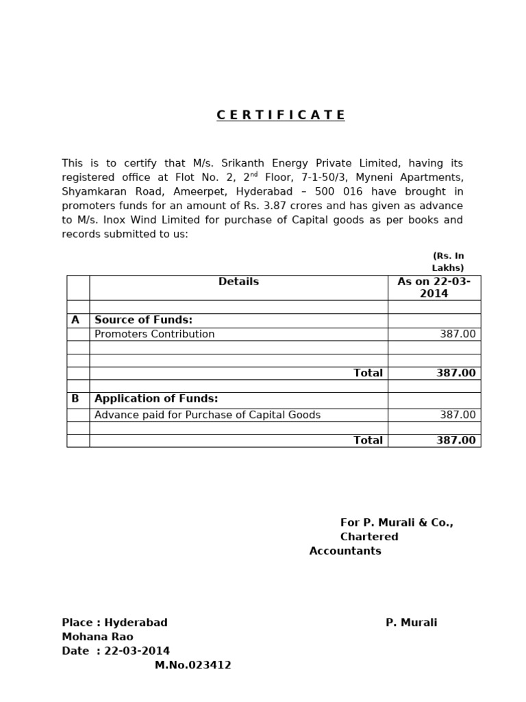 Capital Infusion Certificate for Srikanth Energy | PDF