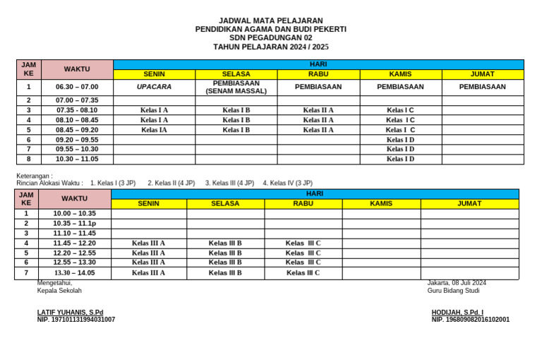 JADWAL PELAJARAN PAI | PDF