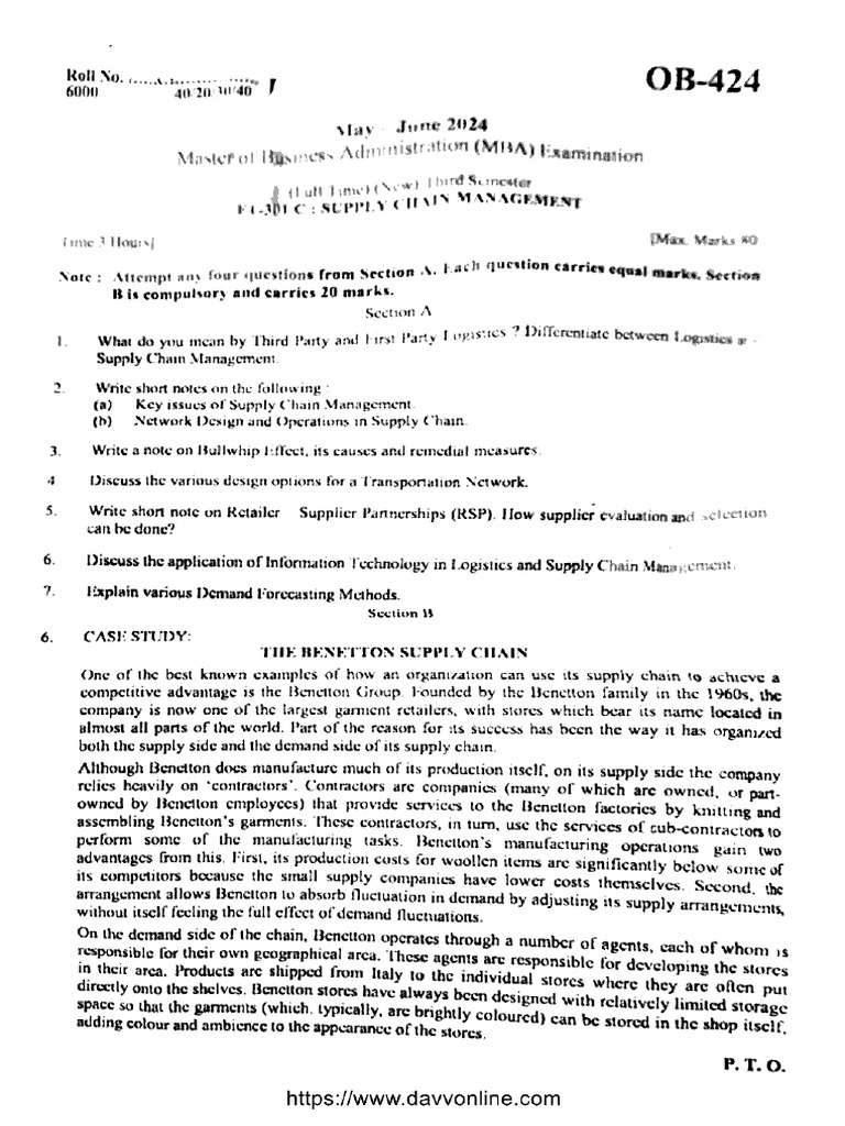 Mba 3 Sem Supply Chain Management Ob 424 Jun 2024 | PDF