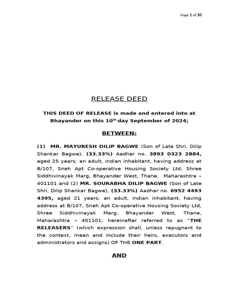 RELEASE DEED DARSHANA BAGWE FLAT NO 107 SNEH APT | PDF | Deed | Mortgage Law