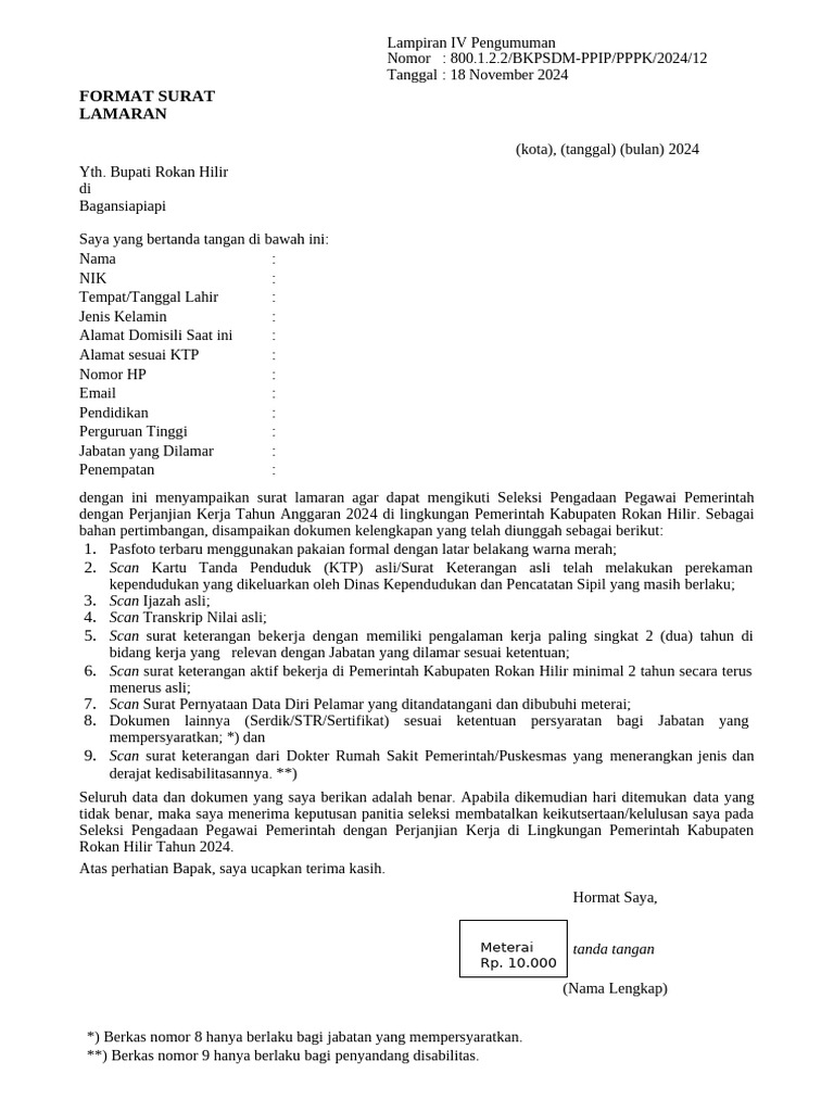 Lampiran Iv Surat Lamaran PPPK | PDF