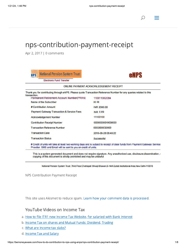 Nps Contribution Payment Receipt Copy | PDF | Income Tax | Taxes