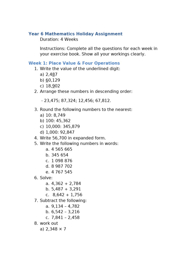 Year_6_Holiday_Assignment | PDF | Breads | Mathematics