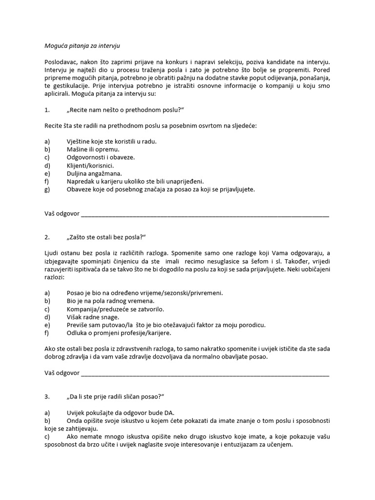 Moguća Pitanja Za Intervju | PDF
