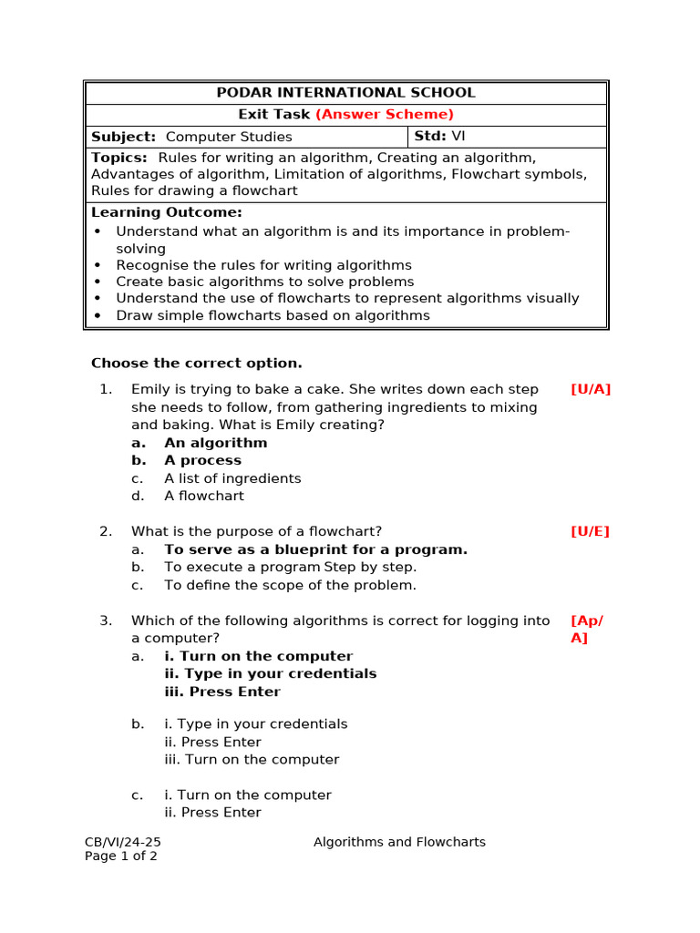 Algorithms and Flowcharts for Grade VI | PDF