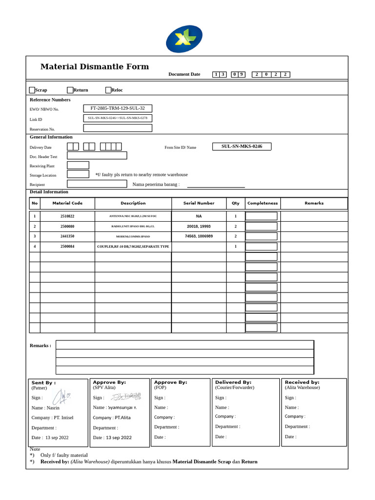 Material Dismantle & Return Form | PDF | Telecommunications | Electronics