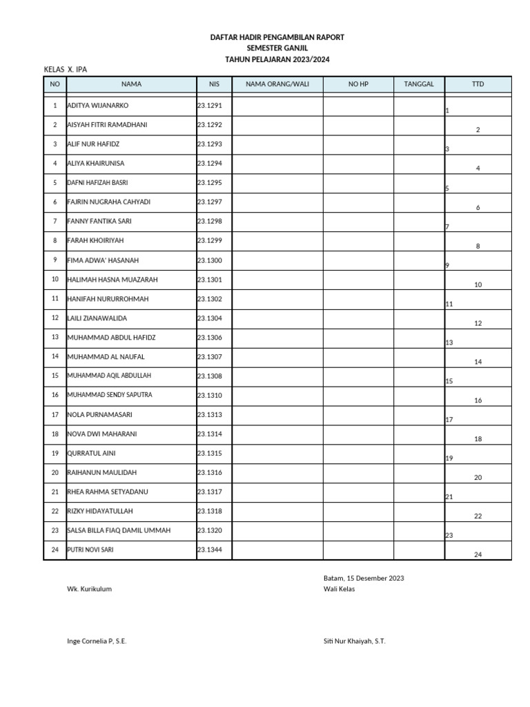 Daftar Pengambilan Rapot 234 s 1 | PDF