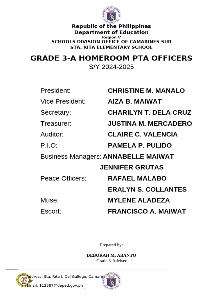 Grade 3-A PTA & Class Officers 2024-25 | PDF