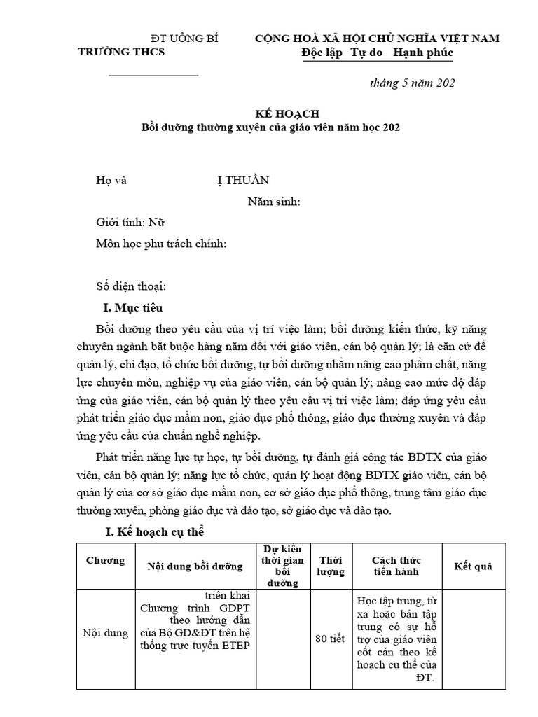 KH BDTX Cá Nhân 24-25 | PDF