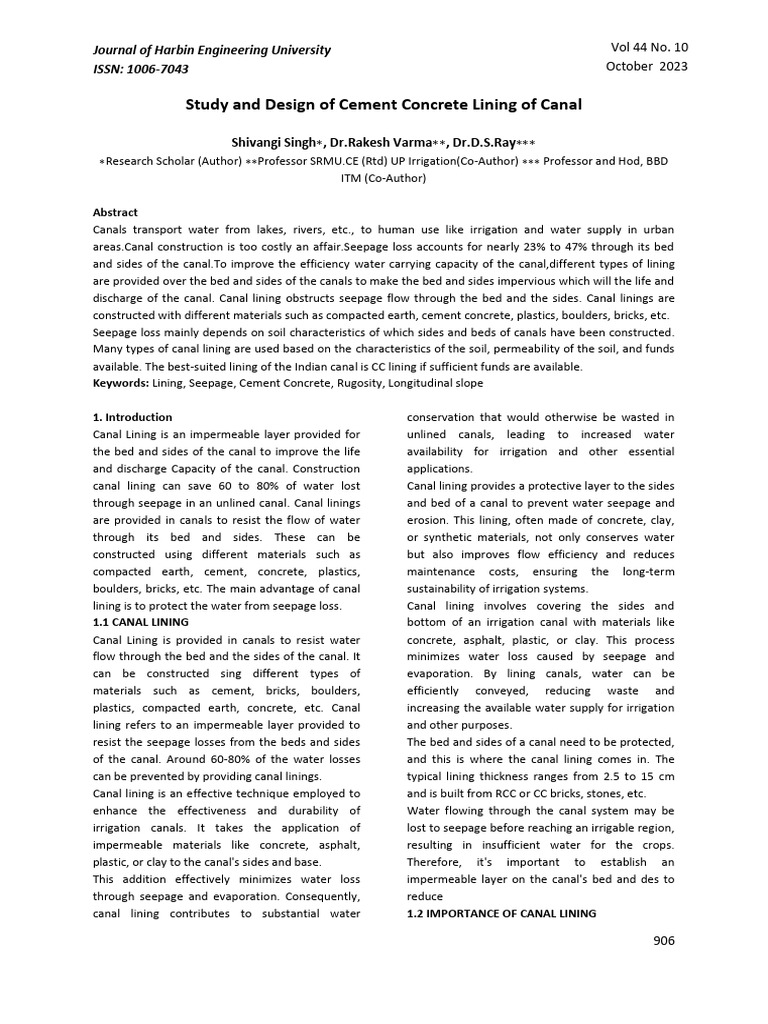 Study and Design of Canal Lining | PDF | Concrete | Silt