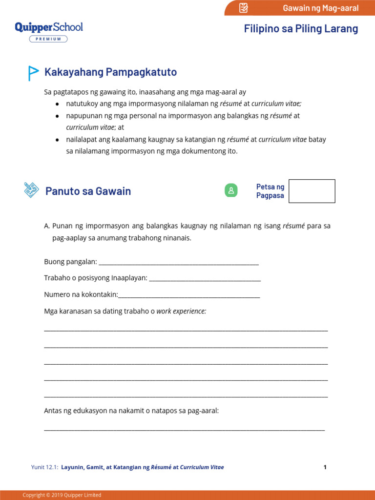 AW2 - FPL 11 - 12 Q2 1201 - Layunin, Gamit, at Katangian NG Resume at ...