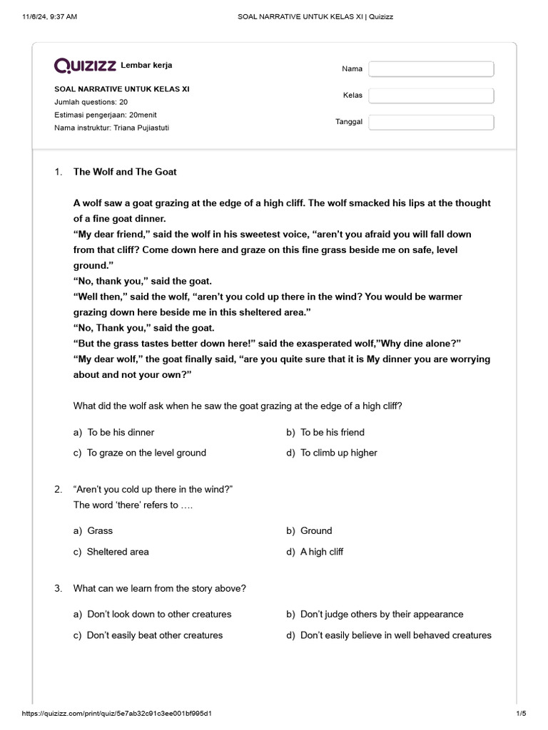 Soal Narrative Untuk Kelas Xi - Quizizz | PDF
