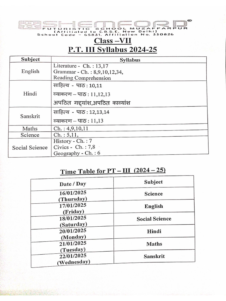 Syllabus and Time Table For PT 3 | PDF