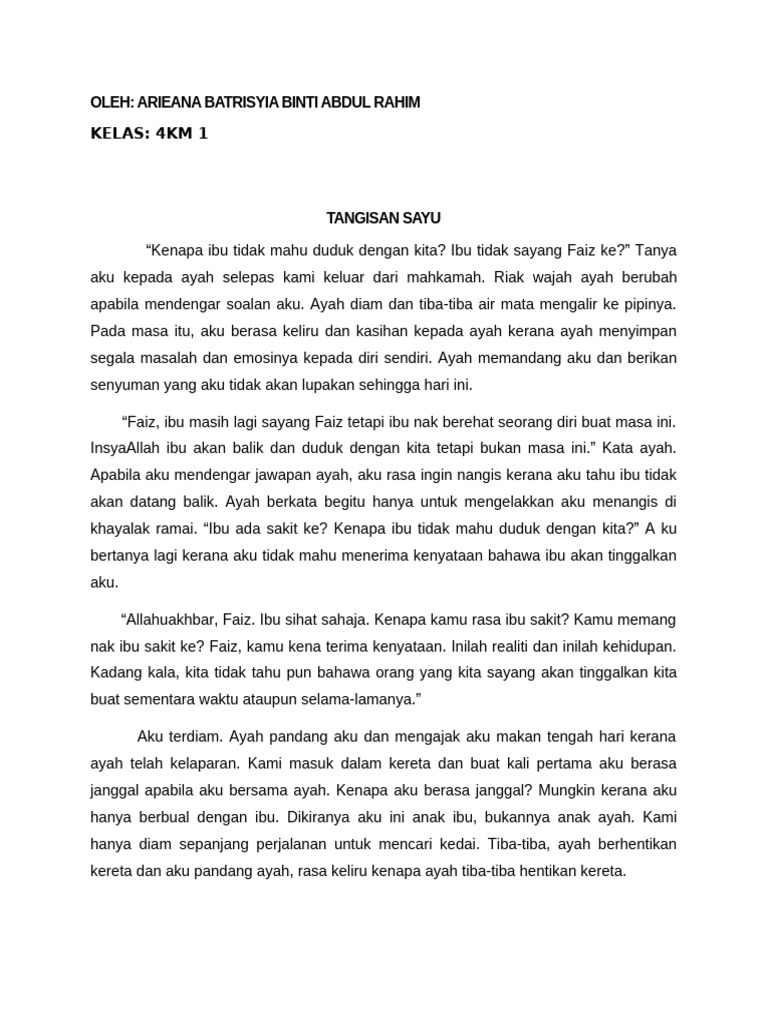 Cerpen Tangisan Sayu Karya Arieana Batrisyia Binti Abdul Rahim | PDF