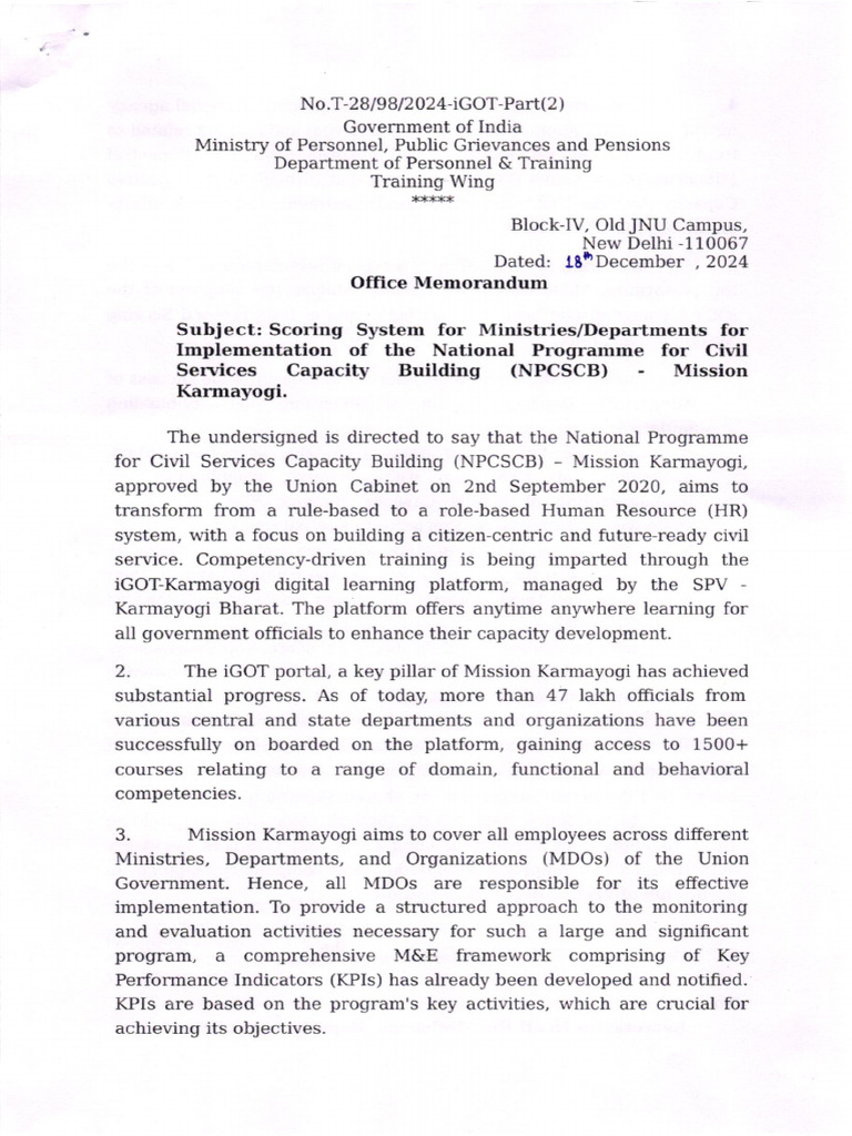 O.M. Dated 18.12.2024 - Scoring System For MDOs | PDF | Capacity Building | Performance Indicator