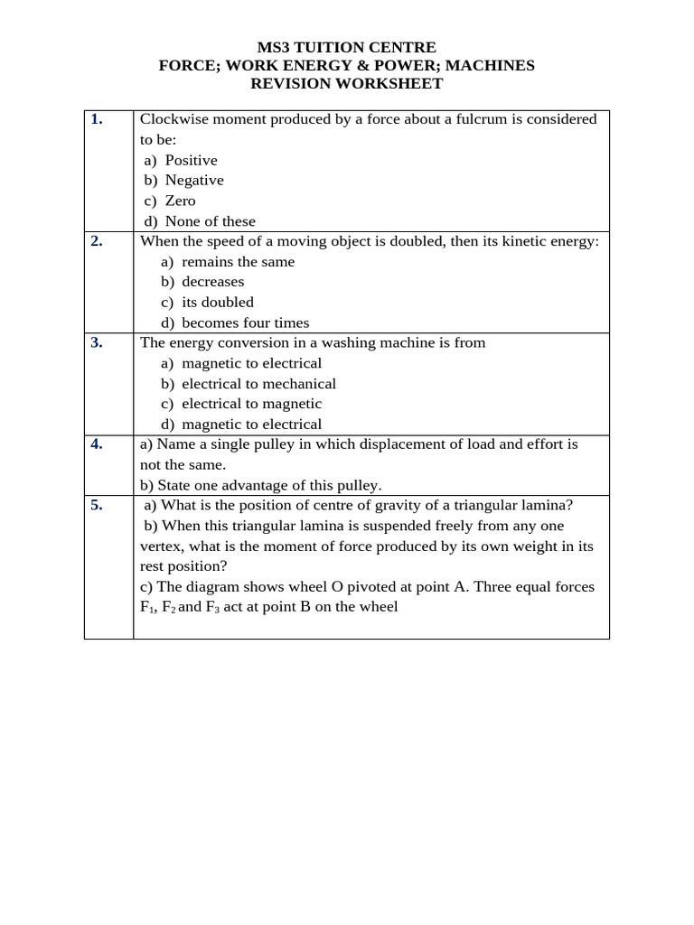 Force, Work, Power, Energy and Machines - Test Paper 1 | PDF | Force ...