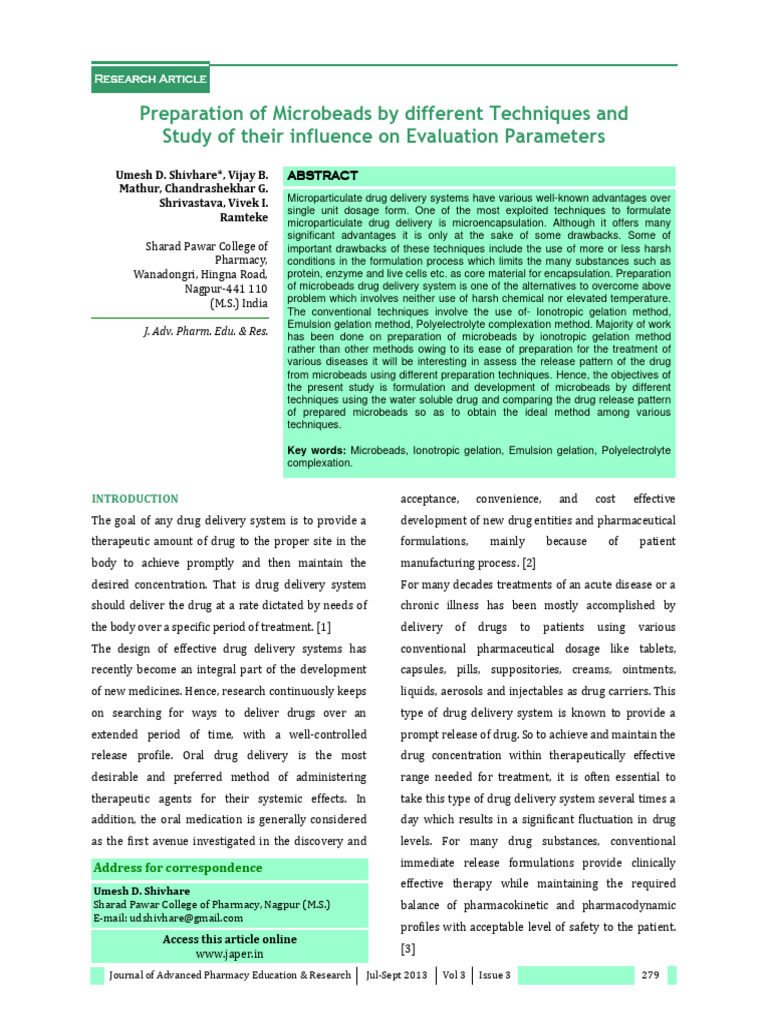 Preparation of Microbeads by Different Techniques and Study of Their ...