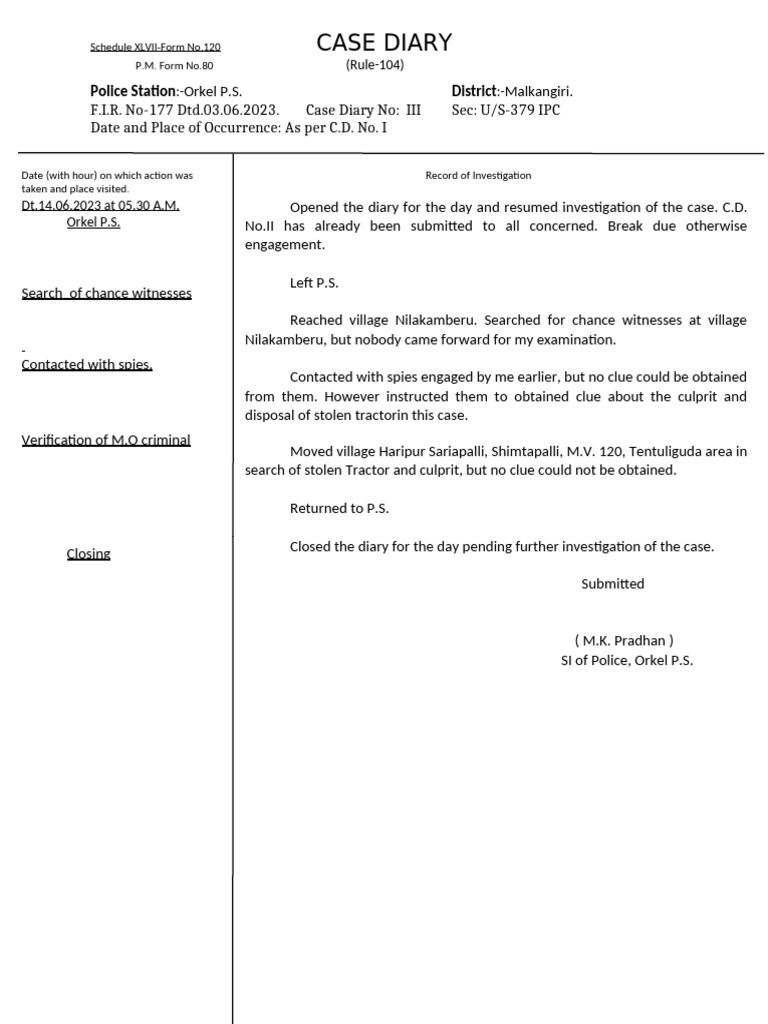 Theft Investigation Case Diary | PDF