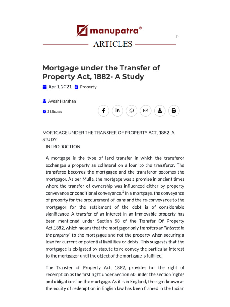 Mortgage Under The Transfer of Property Act, 1882 - A Study | PDF