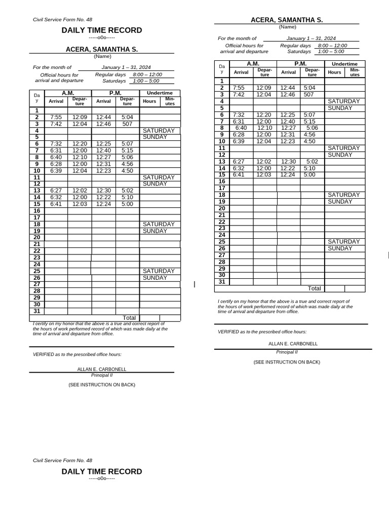 CSC Form 48 Daily Time Record DTR | PDF