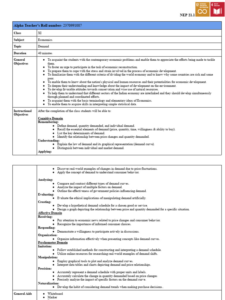 Resource 20241111121813 Teaching of Economics Sample Lesson Plan | PDF ...