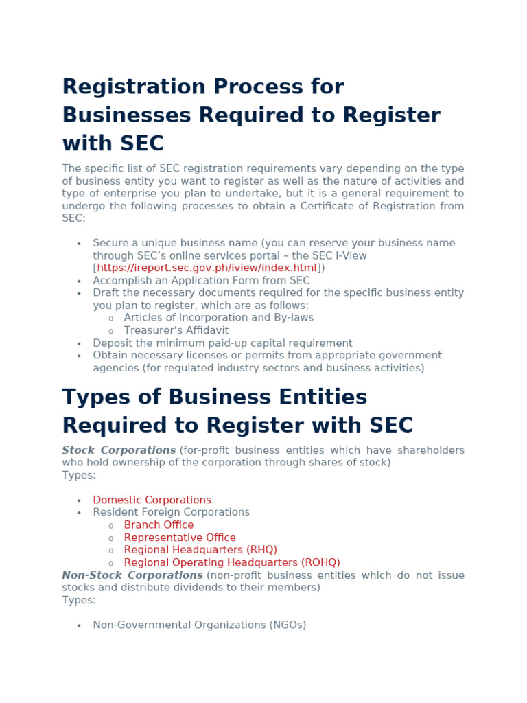 Registration Process For Businesses Required To Register With SEC | PDF ...