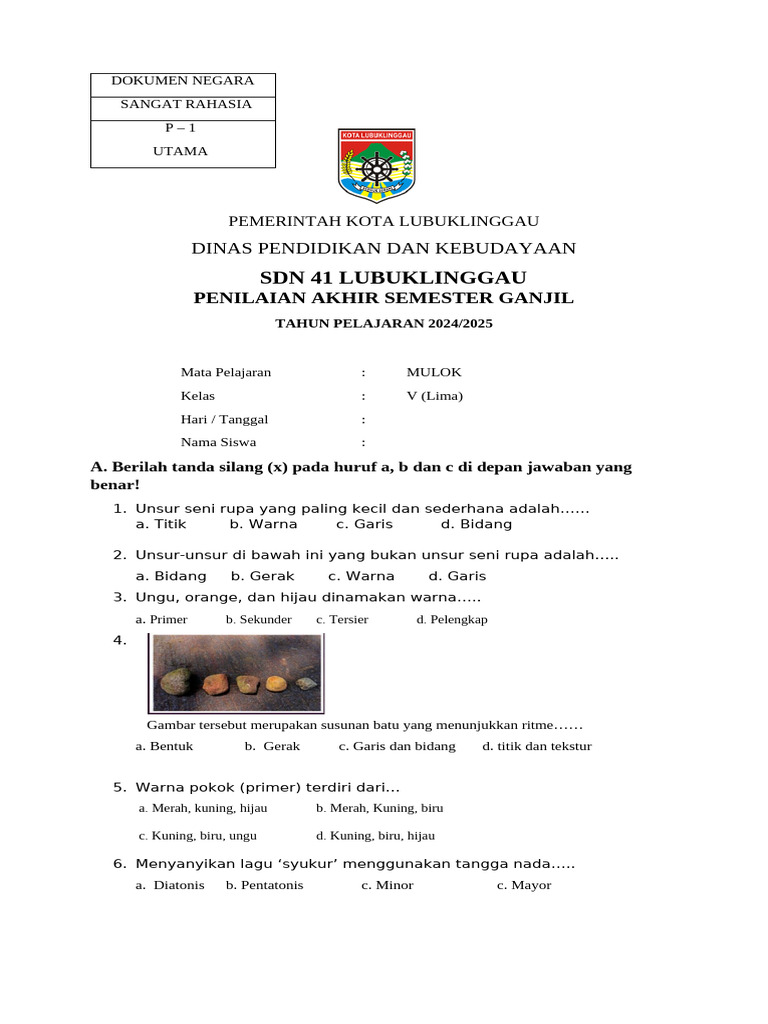 Soal SBDP Kelas 5 Semester 1 TA. 2023 - 2024 | PDF