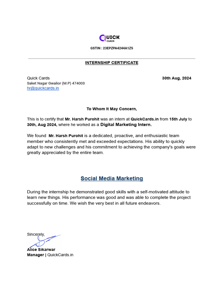 Internship Certificate for Harsh Purohit | PDF