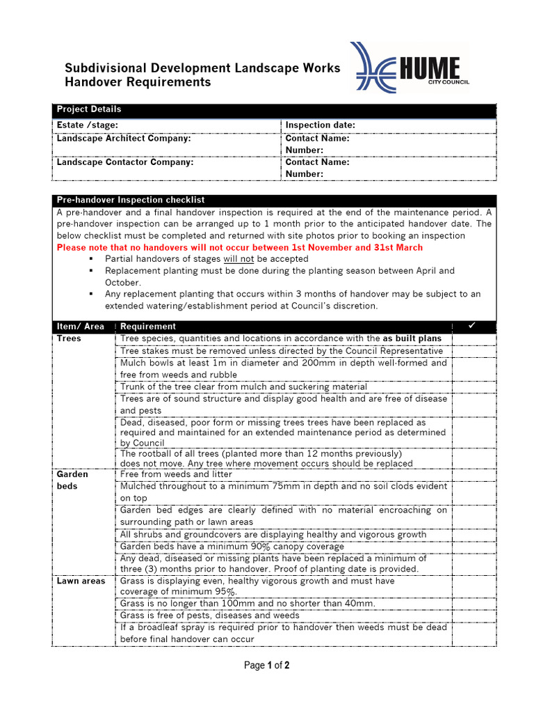Landscape Handover Requirements | PDF | Mulch | Trees