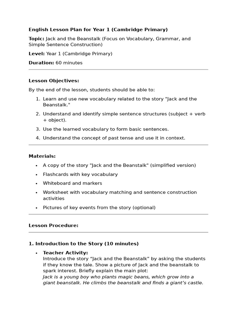 English Lesson Plan For Year 1 | PDF | Vocabulary | Jack And The Beanstalk