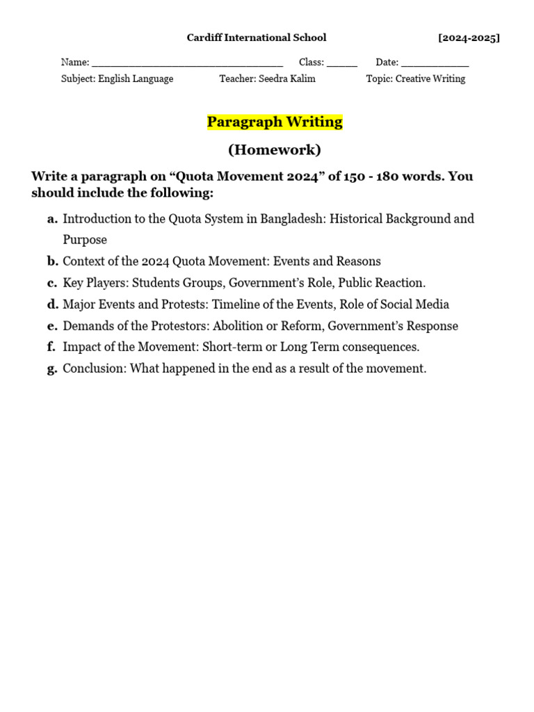 Paragraph Writing Homework | PDF